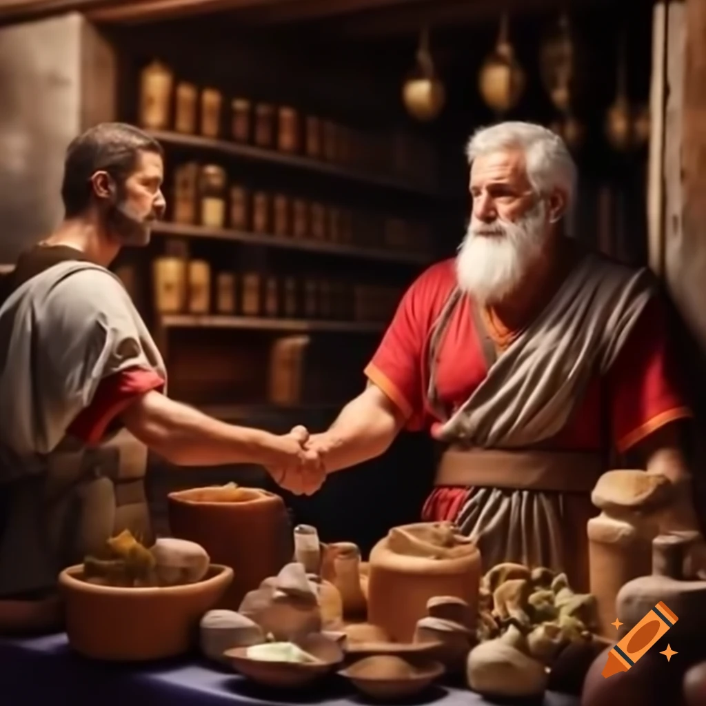 Roman merchants bartering olive oil and exotic spices at stall on Craiyon