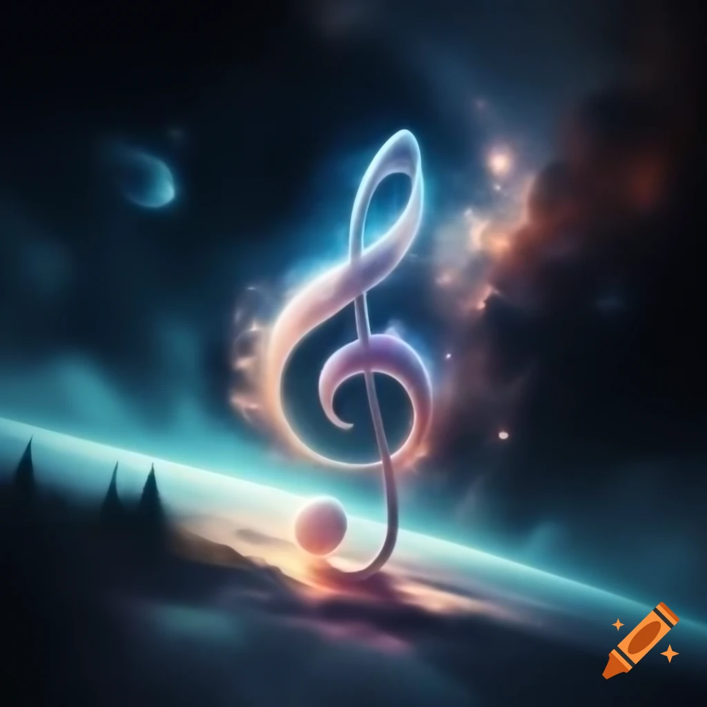 Ethereal musical note in starry sky with cosmic clouds and misty forest ...