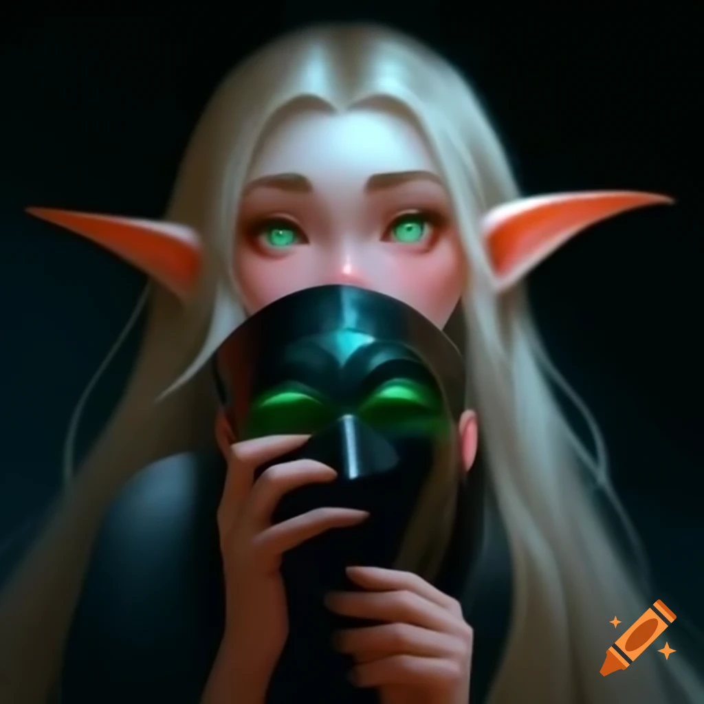 Elf maiden with black masquerade mask and emerald eyes looking forward ...