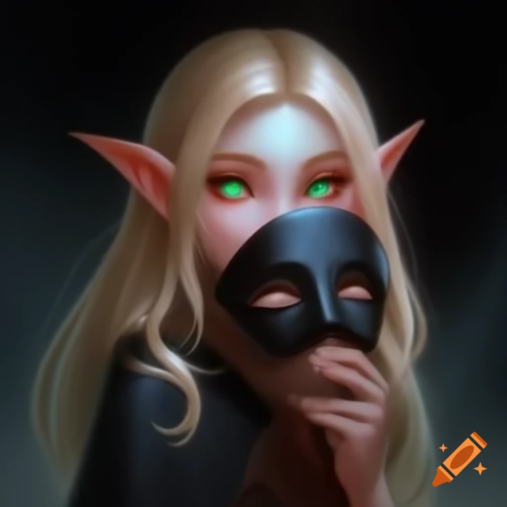 Gentle elf maiden with masquerade mask and emerald eyes on Craiyon