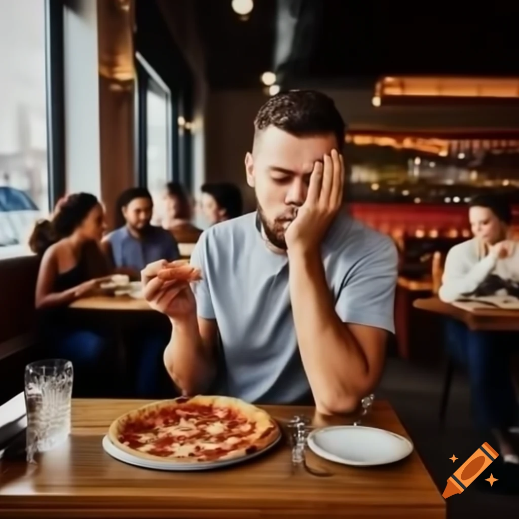 Sad man eating pizza alone in new restaurant on Craiyon