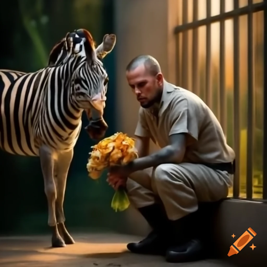 Tattooed prisoner in stripes presenting flowers to zebra in jail yard ...