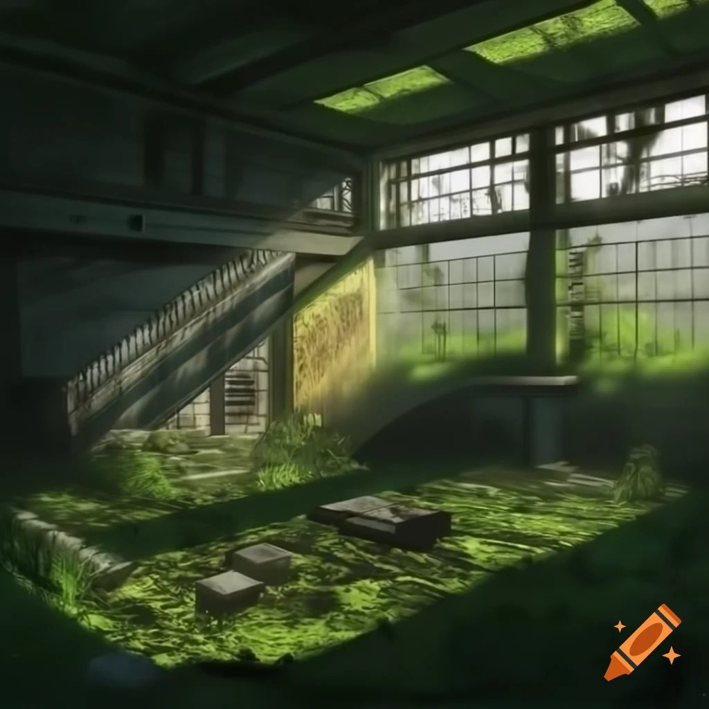 Liminal space featuring overgrown post-apocalyptic brutalist interior ...