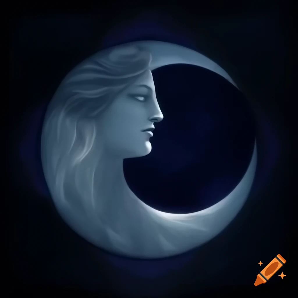 Symbol of nyx, greek goddess of night with dark starry sky and moon ...