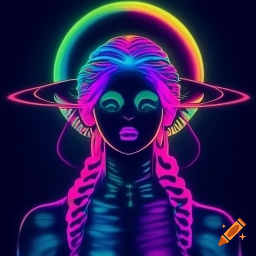 Psychedelic illustration of planet Saturn with neon rainbow braided ...