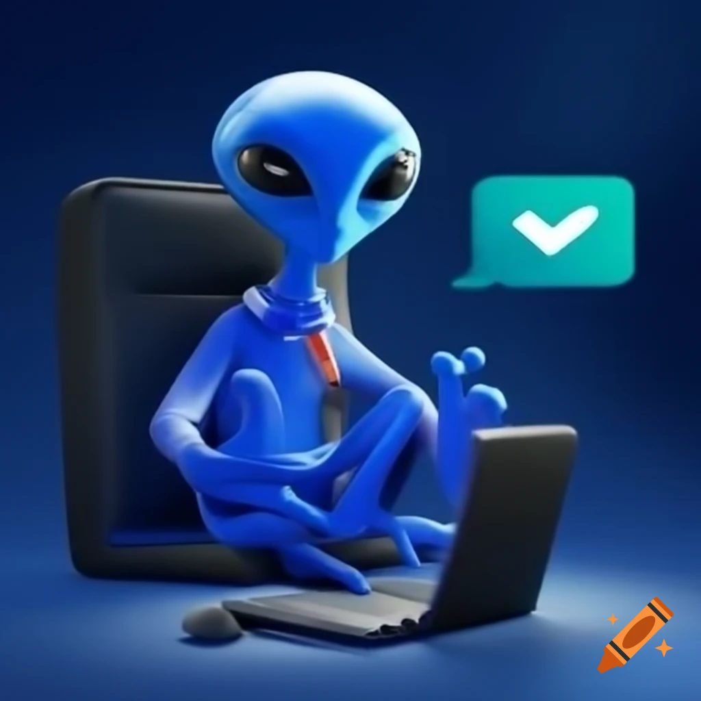 Blue alien with four arms typing at a computer inside a rocket on Craiyon