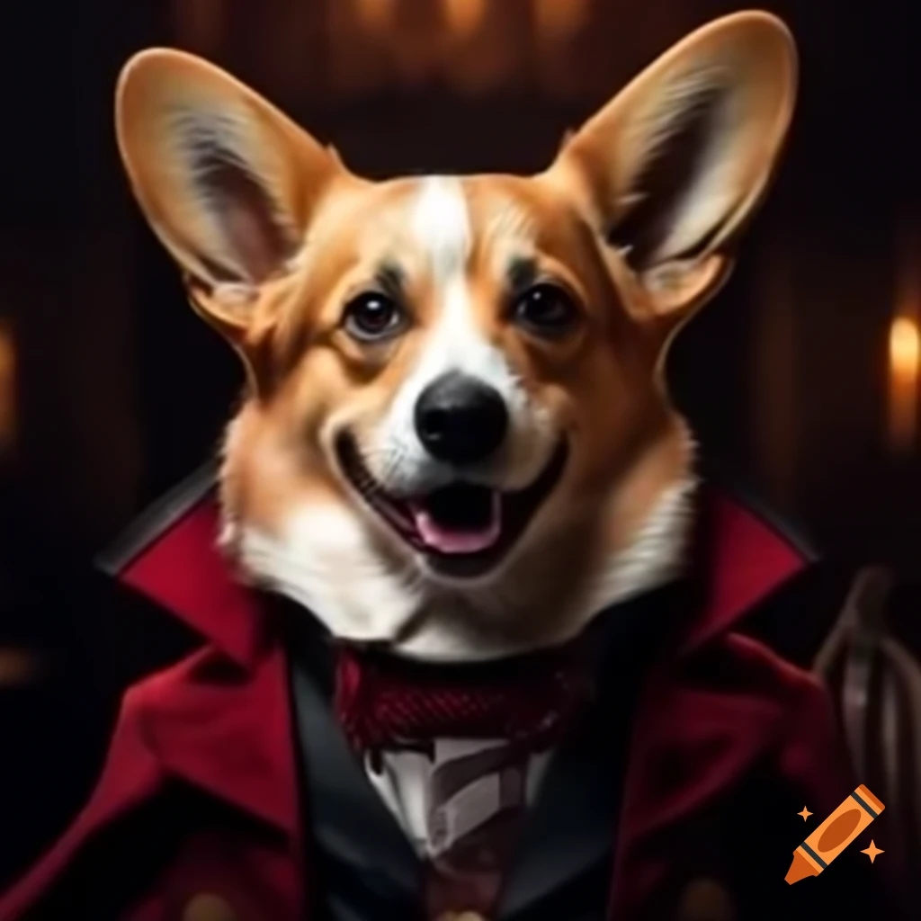 Vampire corgi with sharp fangs glaring at camera on Craiyon