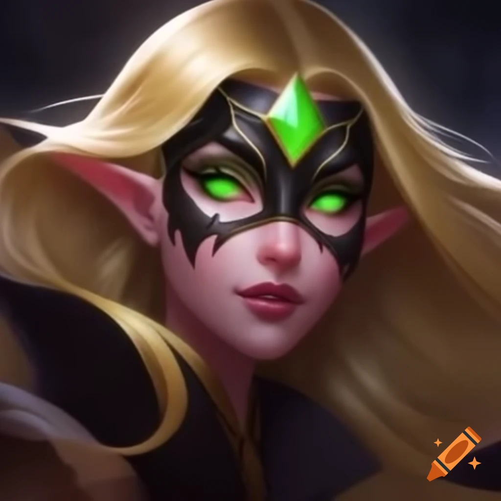 Elf noblewoman with black masquerade mask and vibrant green eyes ...