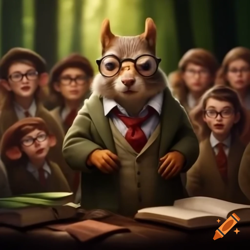 Refined squirrel Professor Nutsy lecturing woodland animals from tiny ...