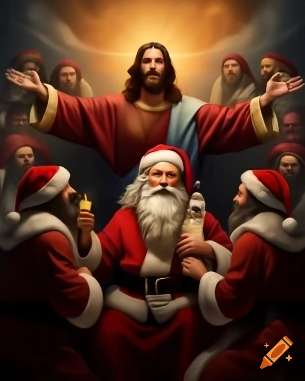 Jesus christ and santa claus smiling with arms around each other on Craiyon