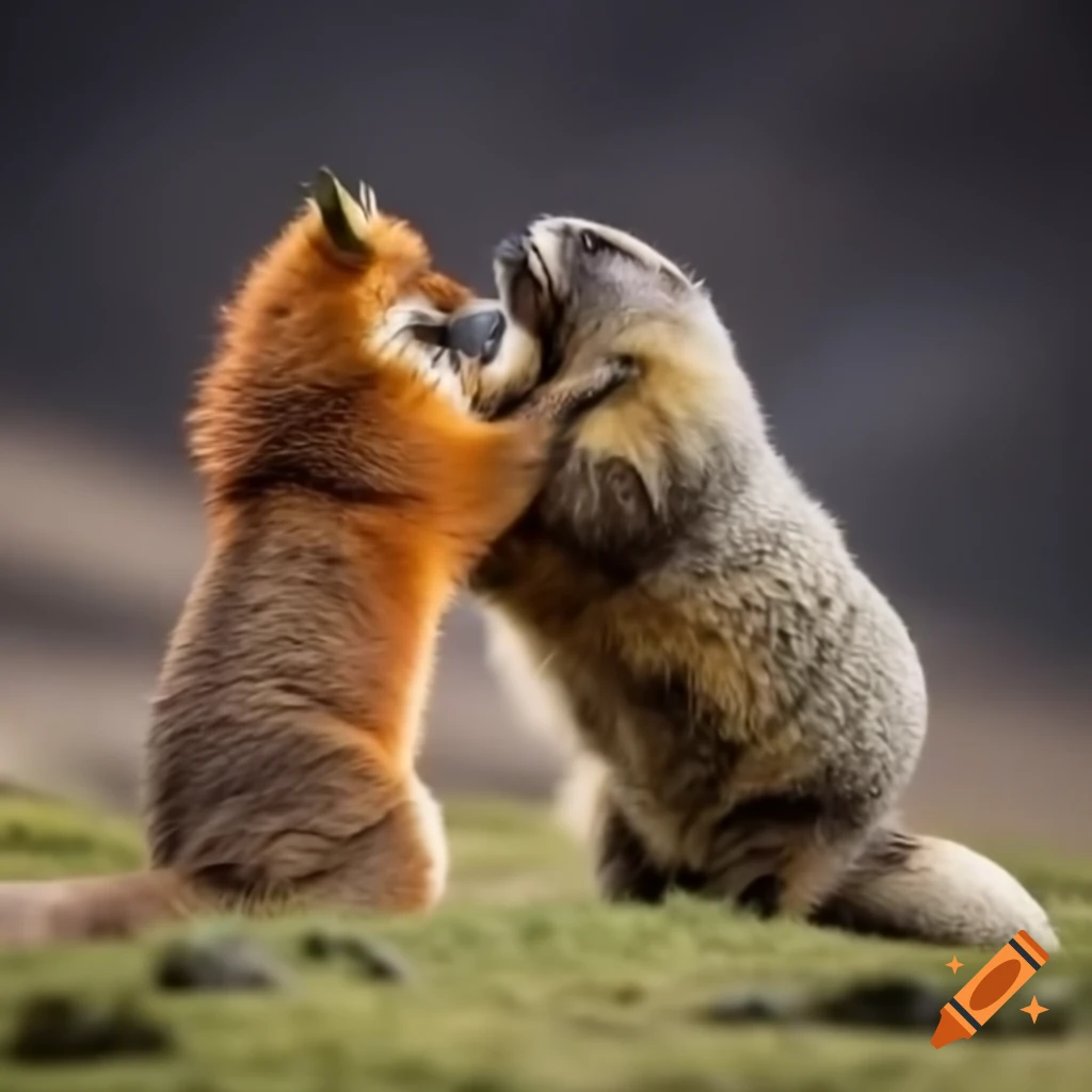 Tibetan fox interacting with marmot in grassy landscape with snow ...