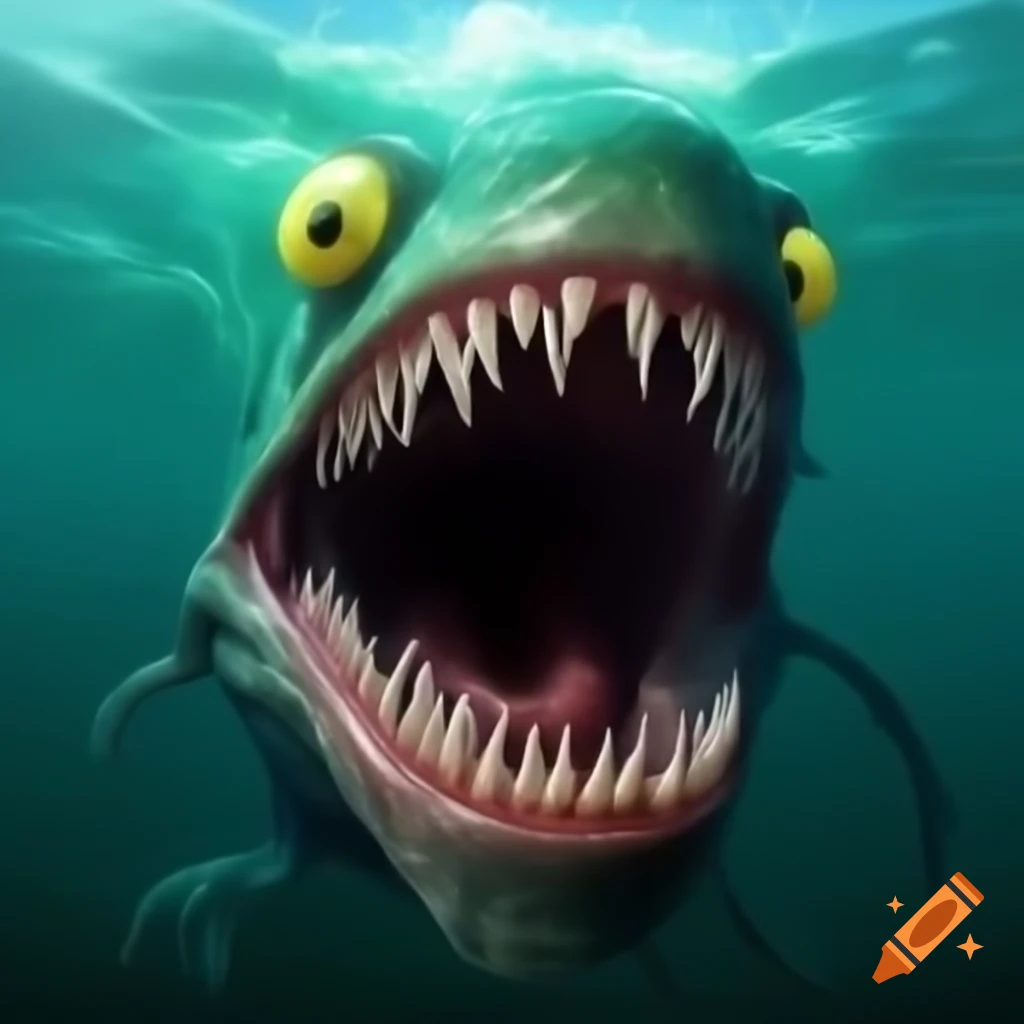 Mythical sea creature with human and fish features, sharp teeth, and ...