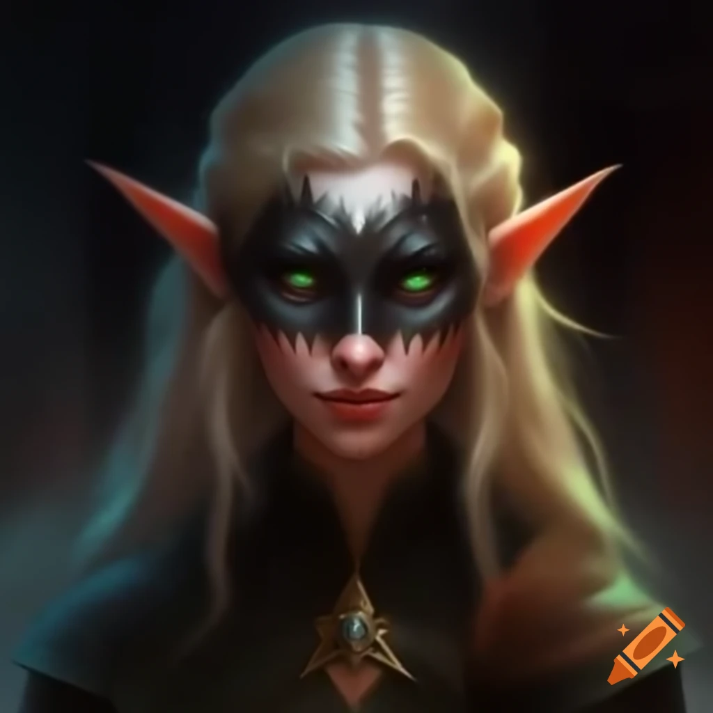 Elegant elf woman in black masquerade mask with emerald eyes on Craiyon