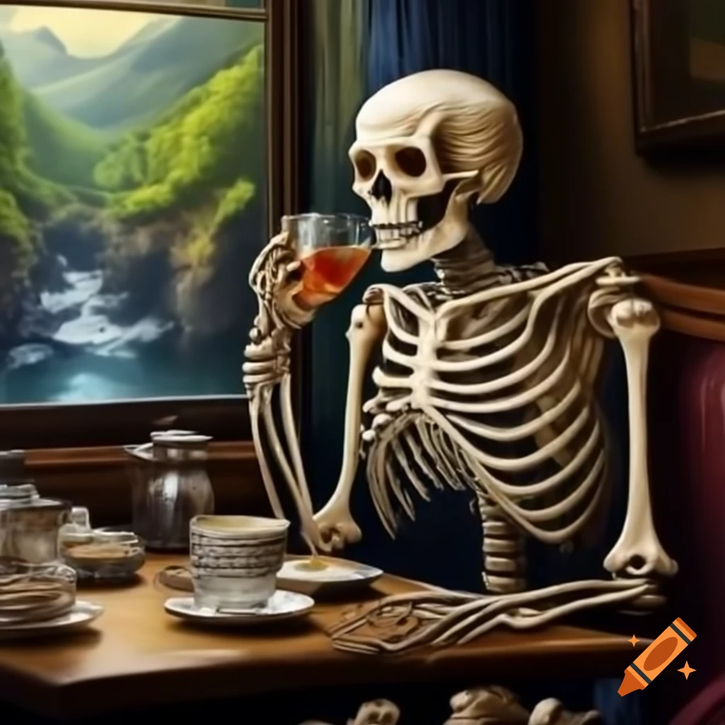 Skeleton enjoying tea with George Washington in a whimsical setting on ...