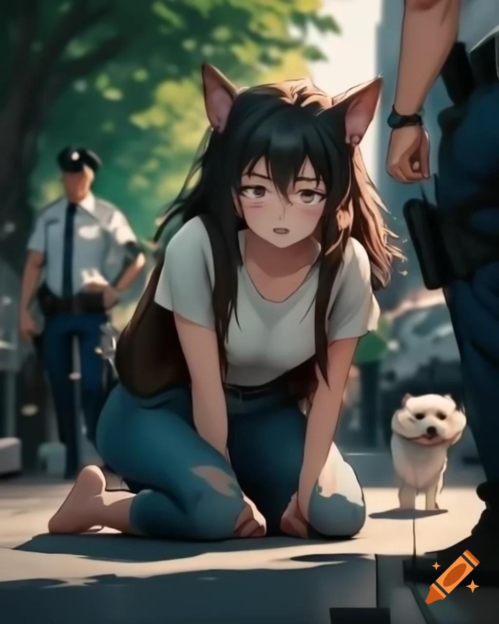Anime character with dog ears crawling in city street, policemen in ...