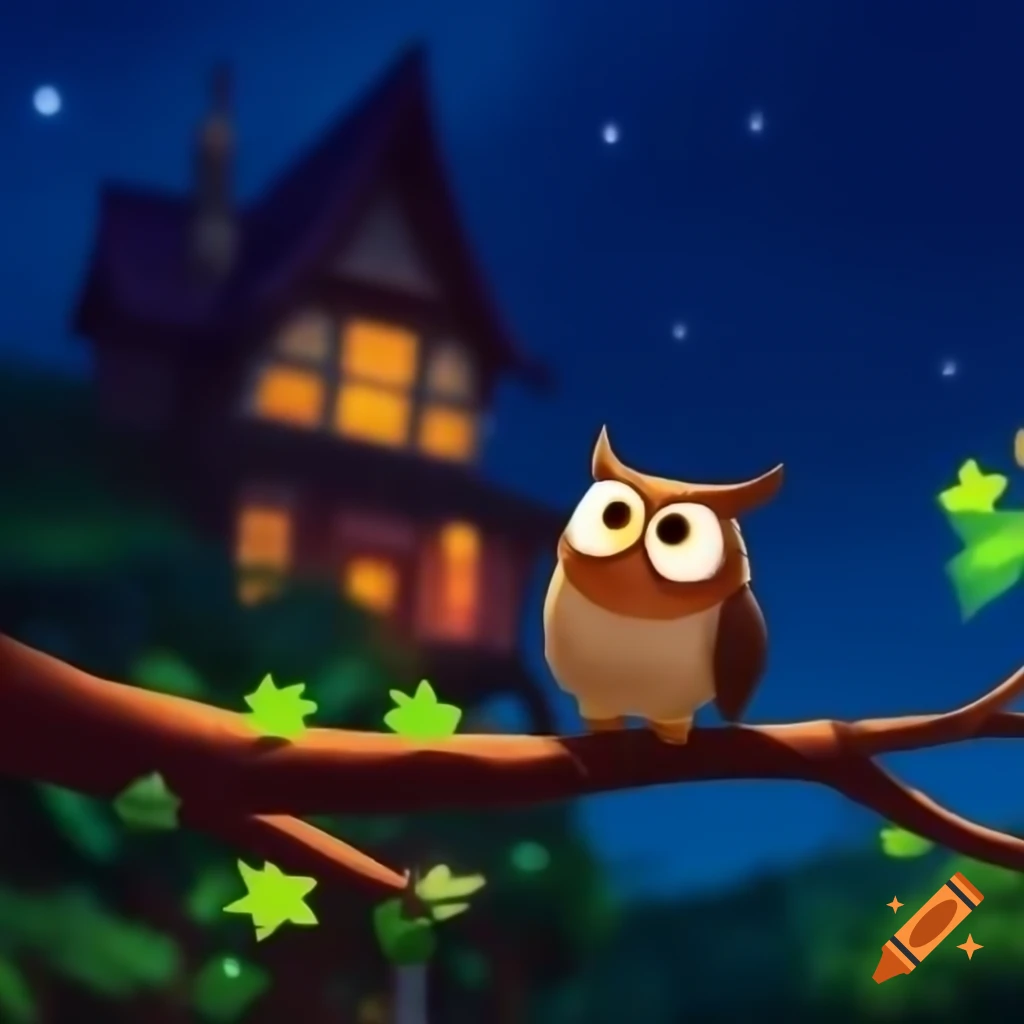Owl reading a book while looking up at stars in Pixar style on Craiyon