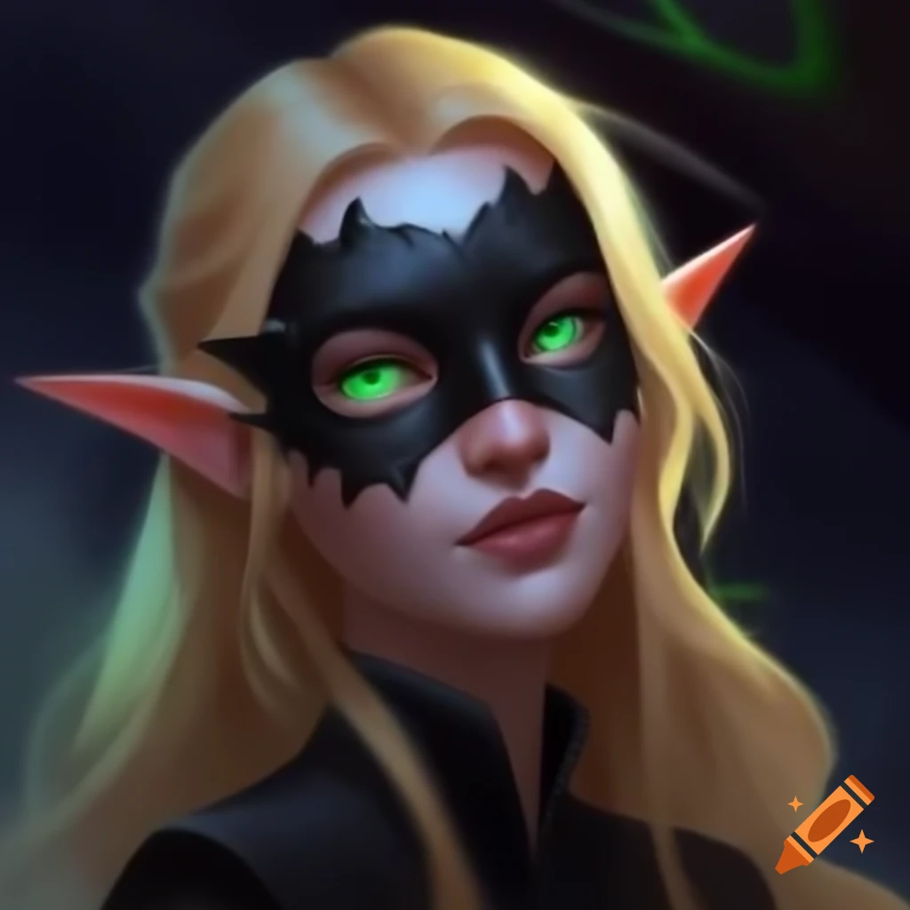 Elf maiden with masquerade mask and emerald eyes, gazing forward on Craiyon