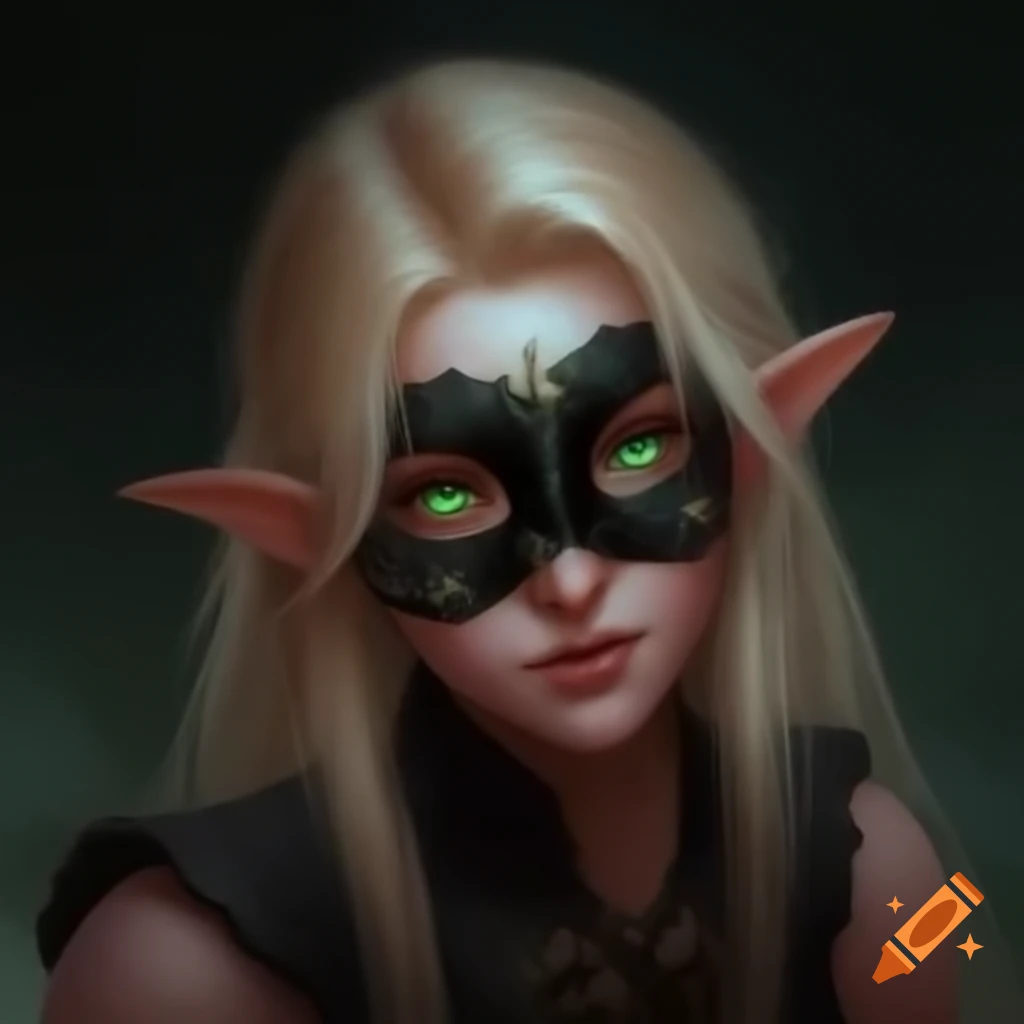 Elf maiden with black masquerade mask and emerald eyes gazing intensely ...