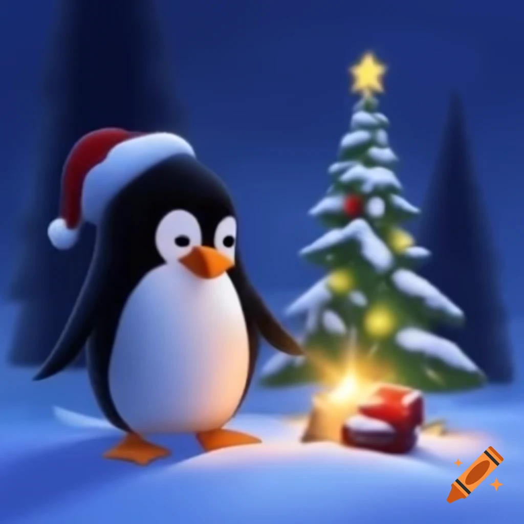 Tux the Linux penguin in winter wonderland with Christmas tree and snow ...