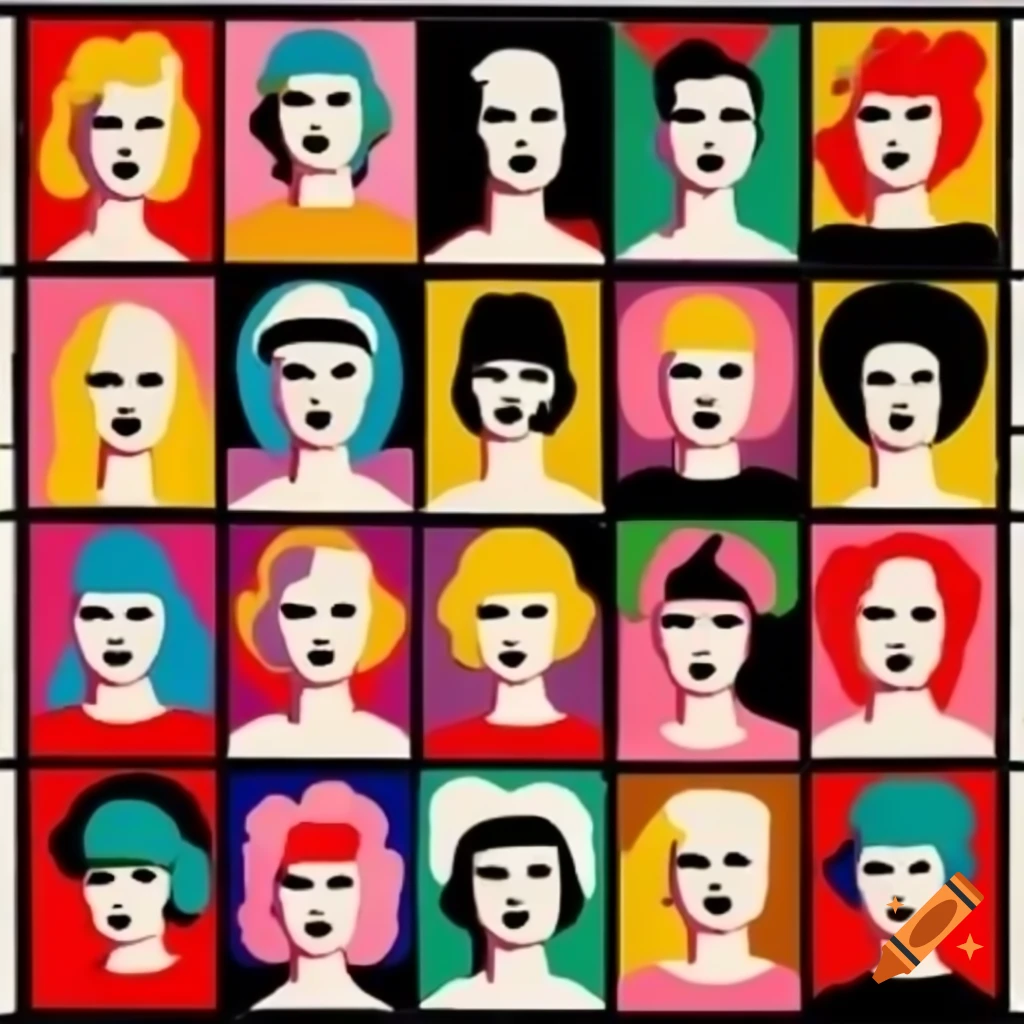 Vibrant pop-art piece in Andy Warhol style featuring colorful portraits of diverse women on Craiyon