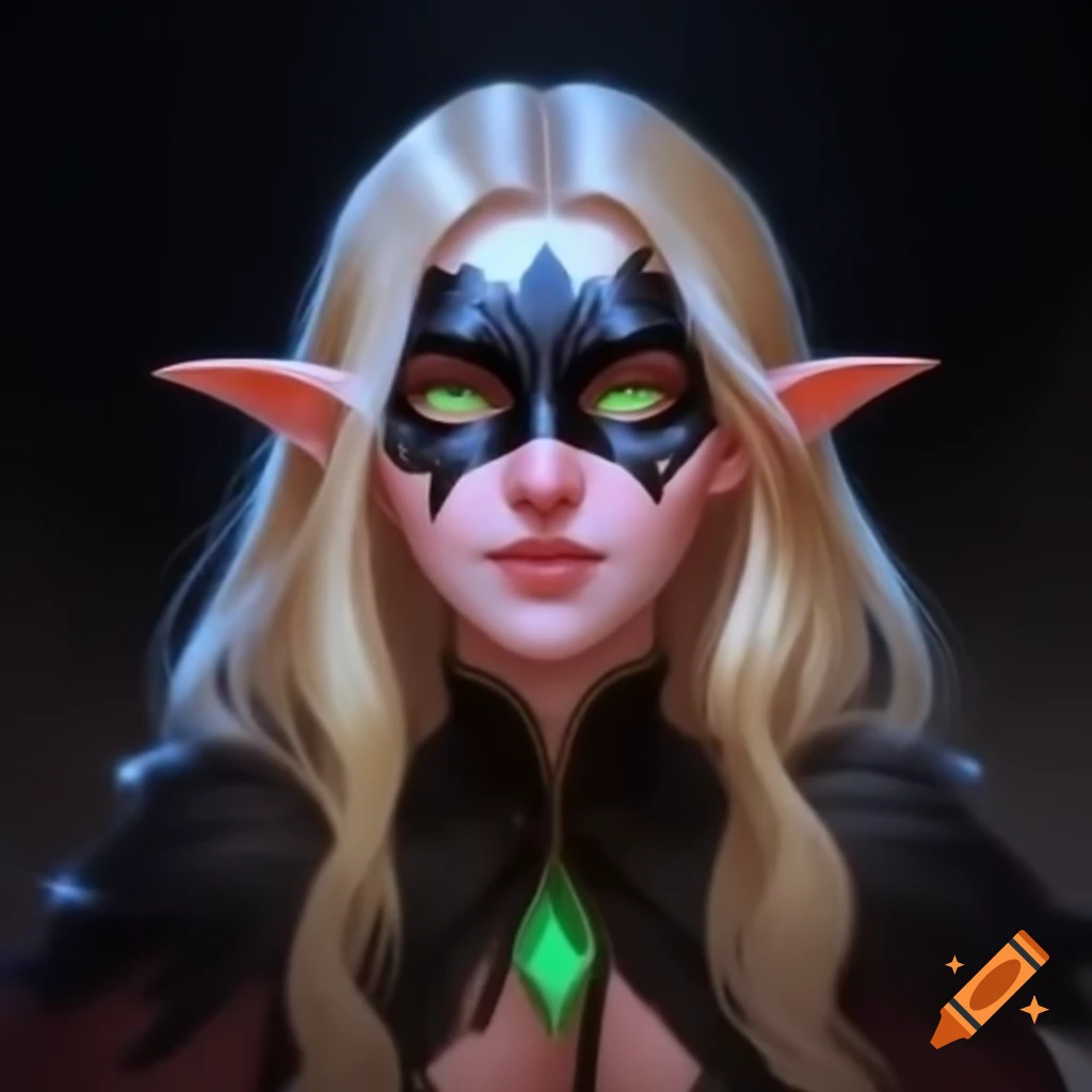 Elf maiden with masquerade mask and emerald eyes gazing forward on Craiyon