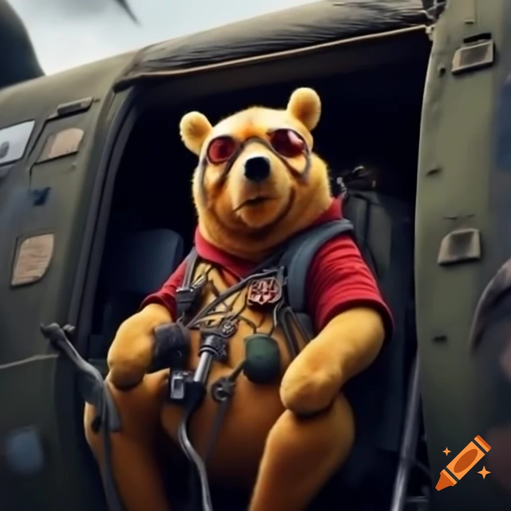 Winnie the Pooh in soldier uniform inside Chinook helicopter on Craiyon