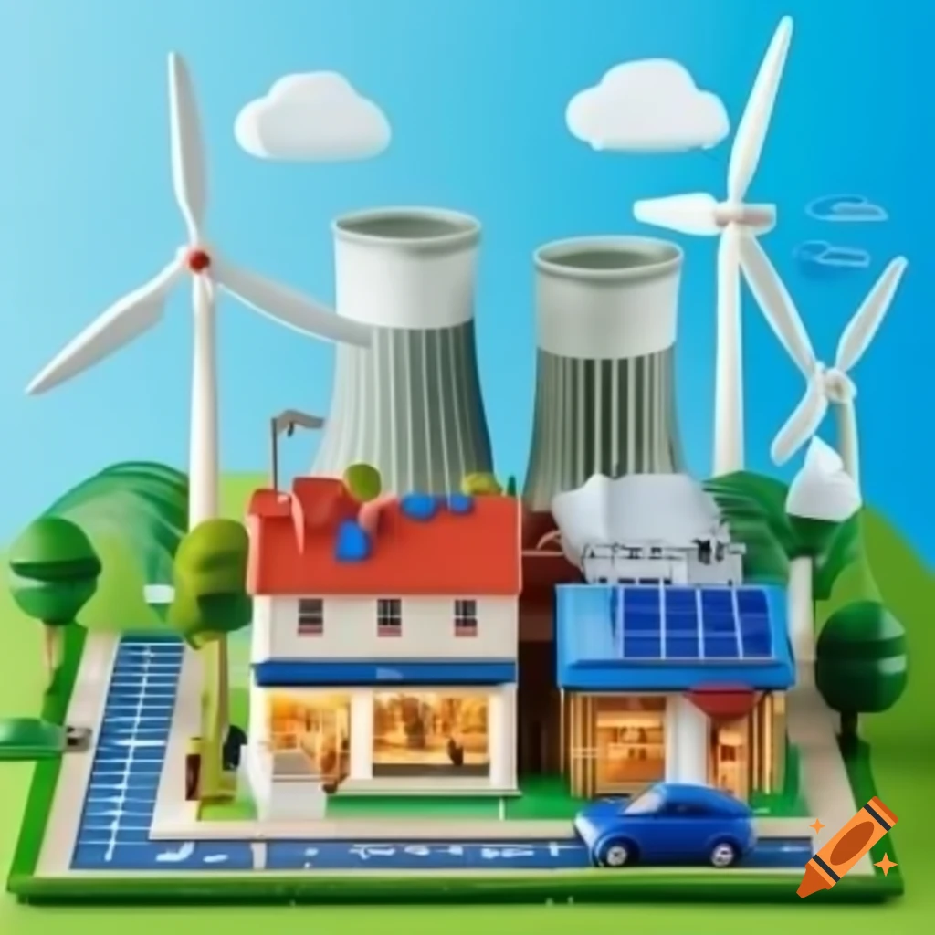 2d city model featuring wind turbines, houses with rainwater systems ...