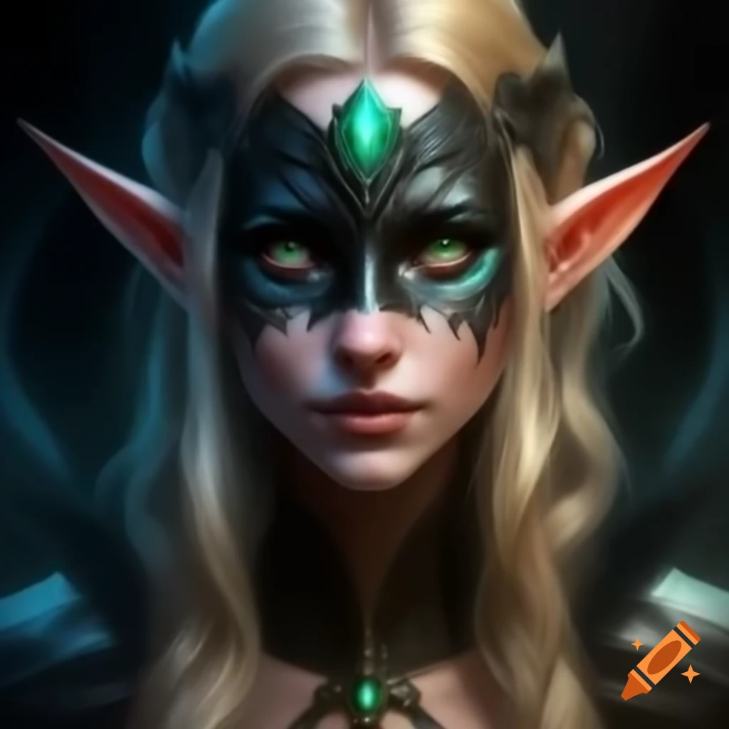 Gentle elf maiden with black masquerade mask and emerald eyes on Craiyon