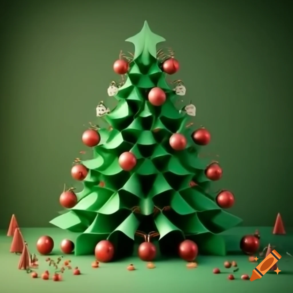 3D green paper Christmas tree decorated with colorful Christmas balls ...