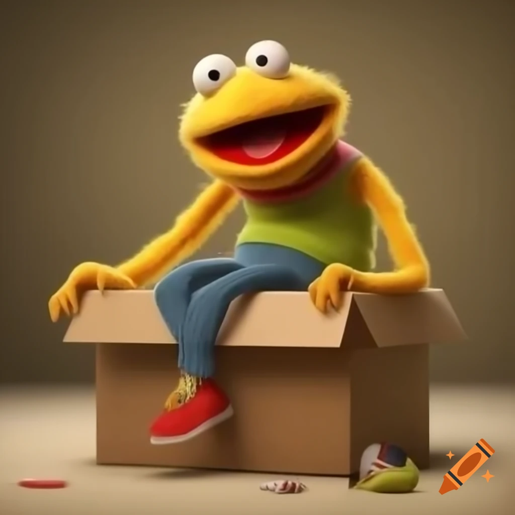 Cheerful puppet exercising on a big box in Pixar style on Craiyon