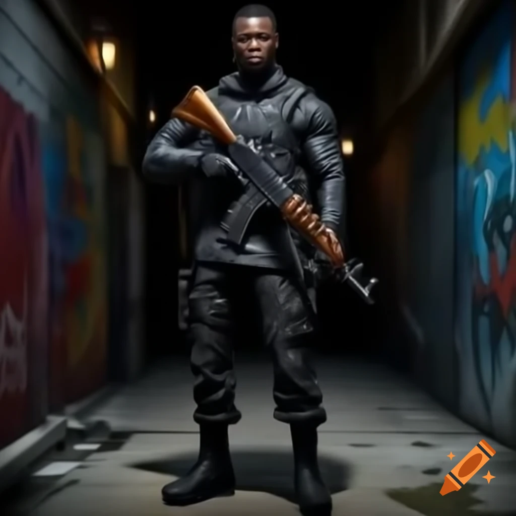 Black man in tactical clothing holding AK-47 rifle on Craiyon