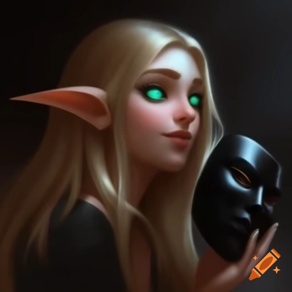 Gentle elf maiden with masquerade mask and sparkling emerald eyes on ...