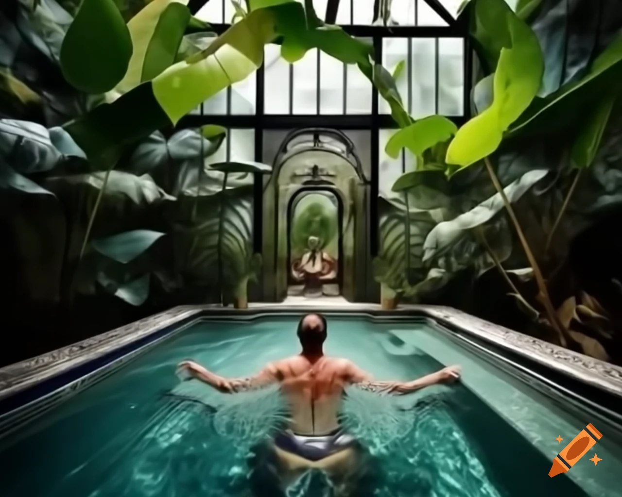 Man swimming in shimmering pool inside tropical greenhouse with Persian ...