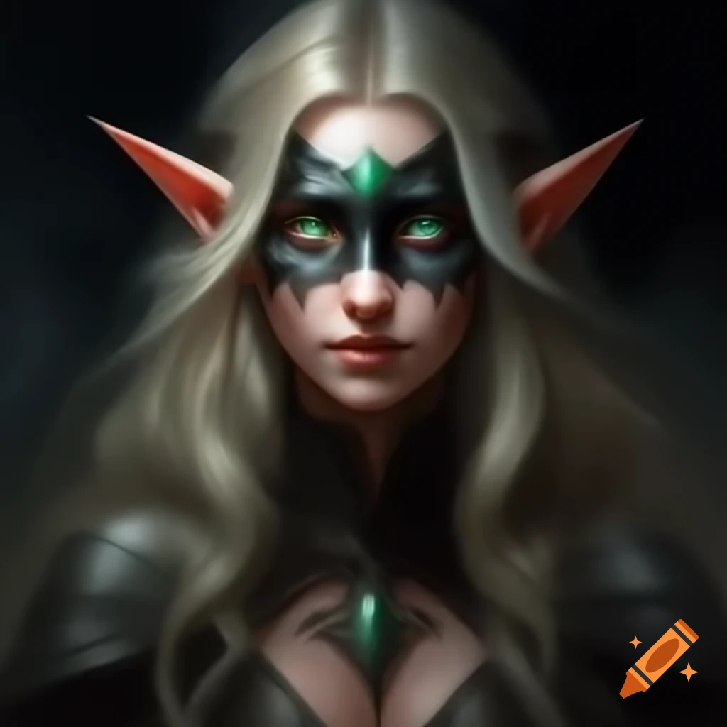 Gentle elf maiden with black masquerade mask and sparkling emerald eyes ...