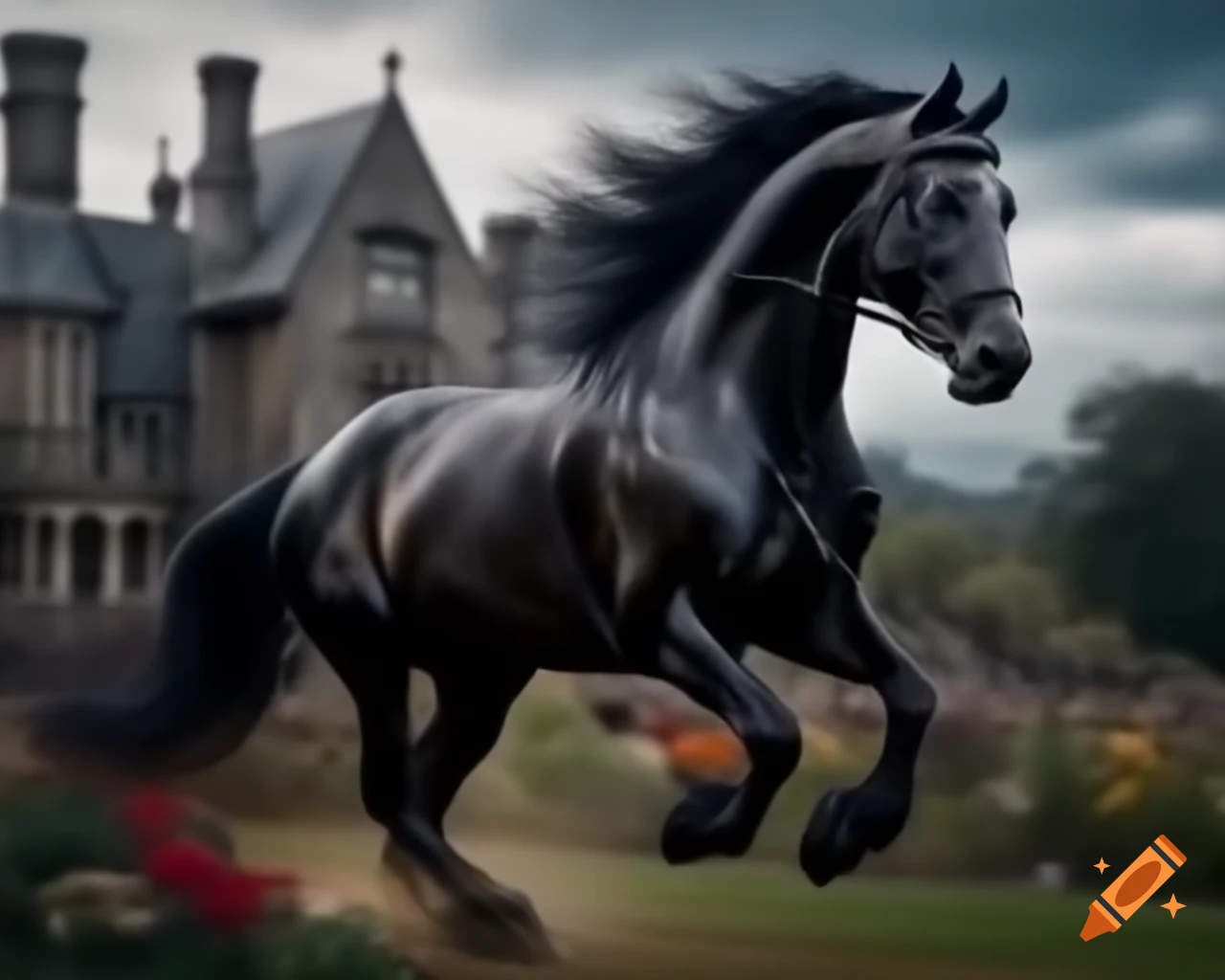 Gothic horse galloping through garden of Gothic mansion under moody sky on Craiyon