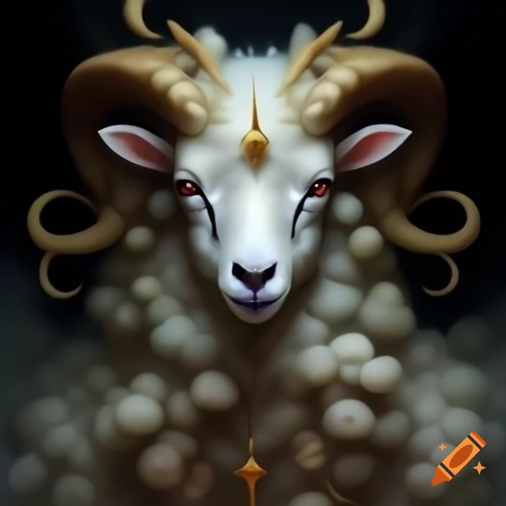 Surreal lamb with seven eyes and seven horns, imaginative artwork on ...