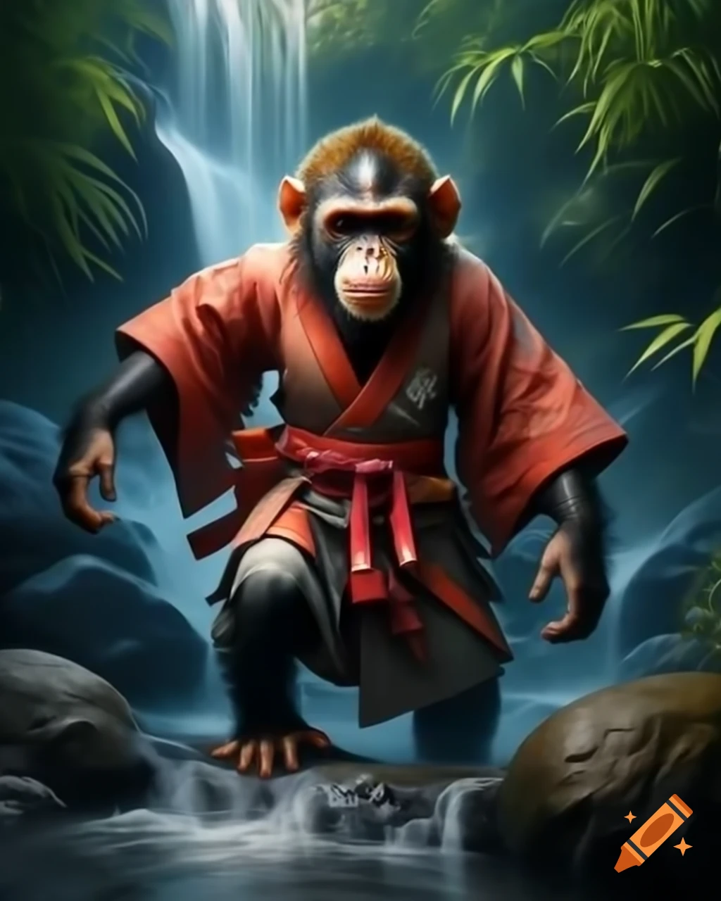 Humanoid ape in kimono posing heroically in waterfall with bamboo ...
