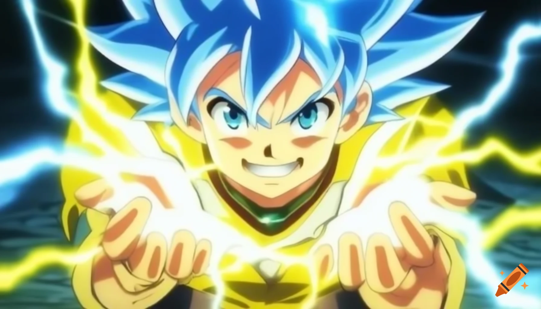Anime-style young warrior generating chi with yellow energy waves, 80s ...