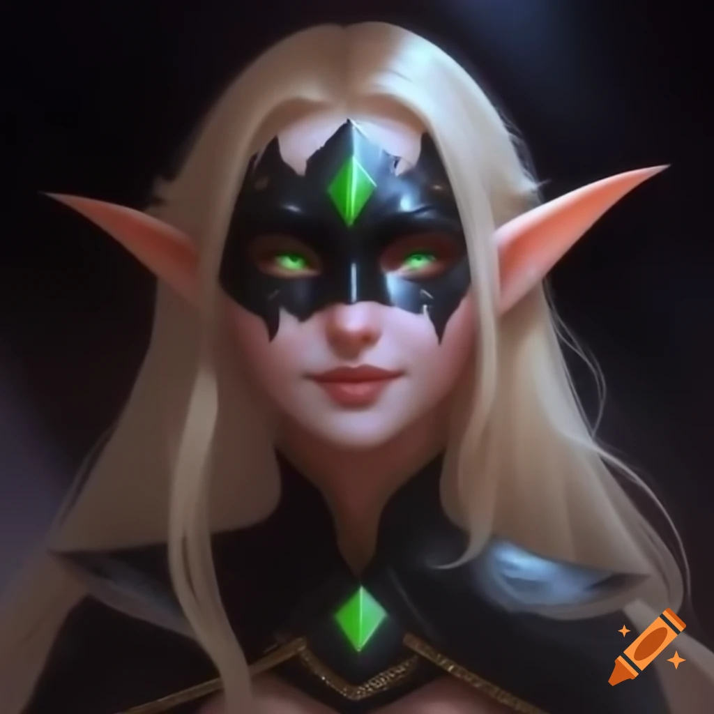 Elf maiden with masquerade mask and emerald eyes gazing politely on Craiyon