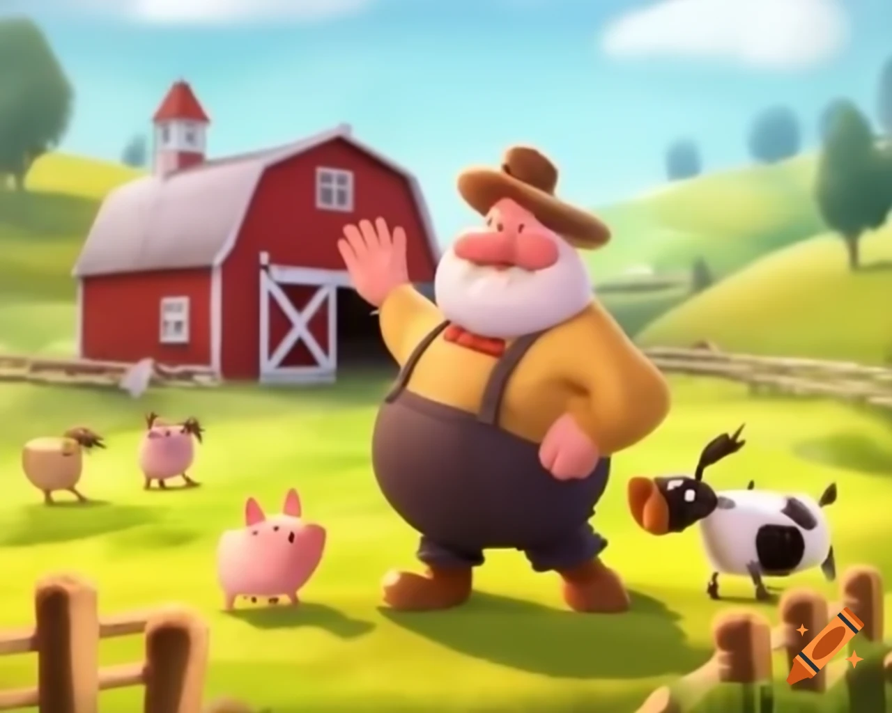 Old MacDonald waving goodbye in sunny farm with animals like cows ...