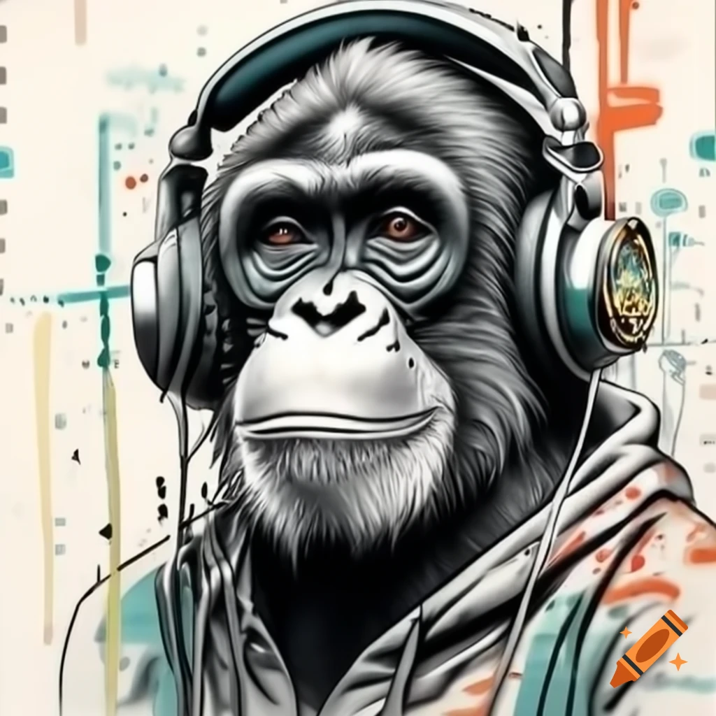 Stylized ape in vibrant graffiti with oversized headphones on Craiyon