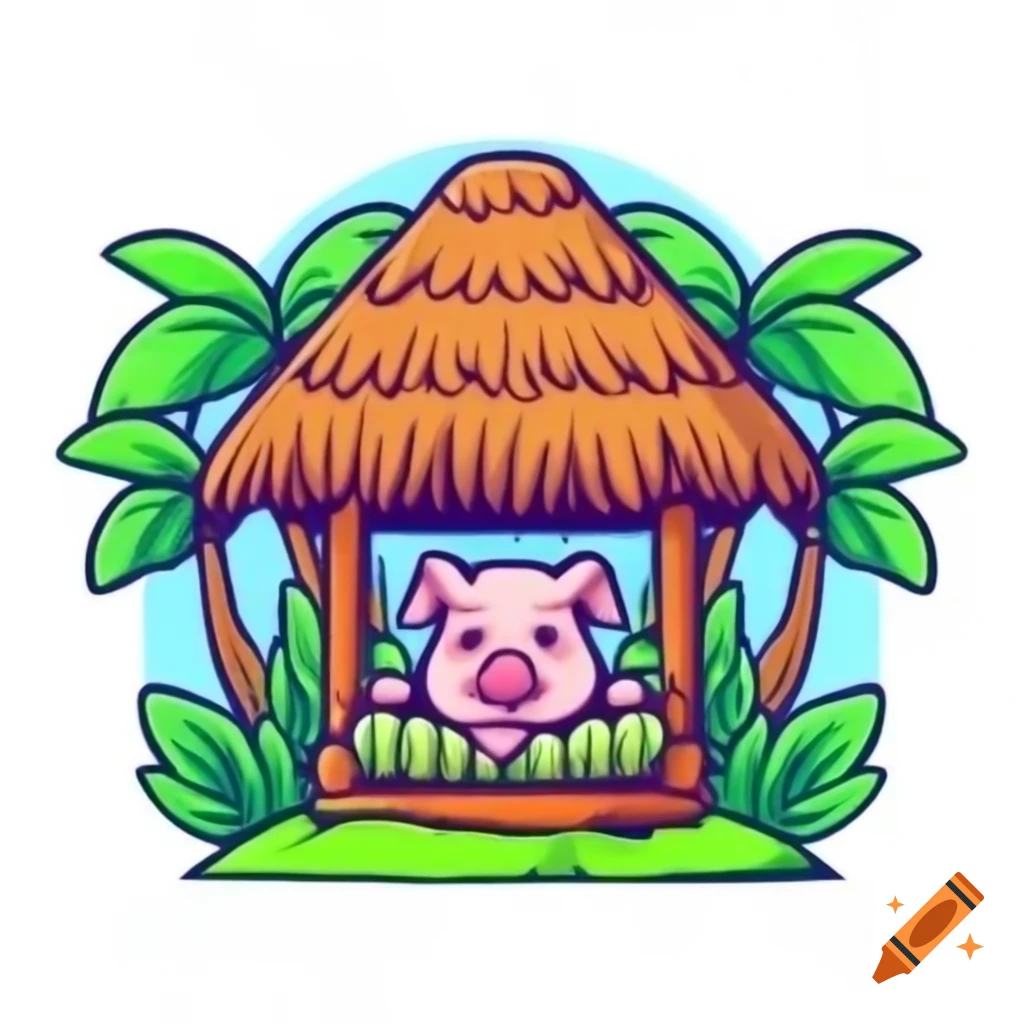 Sleeping pig under tiki bar on tropical isle with palm tree shade on ...