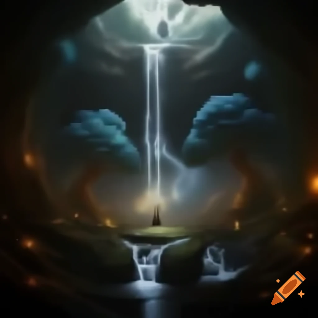 Tense moment in a fantasy realm with an expectant crowd on Craiyon