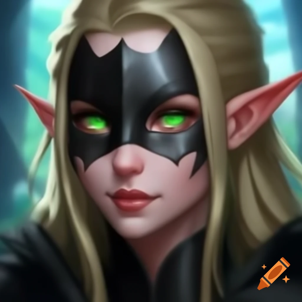 Anime portrait of elf woman with green eyes and black masquerade mask ...