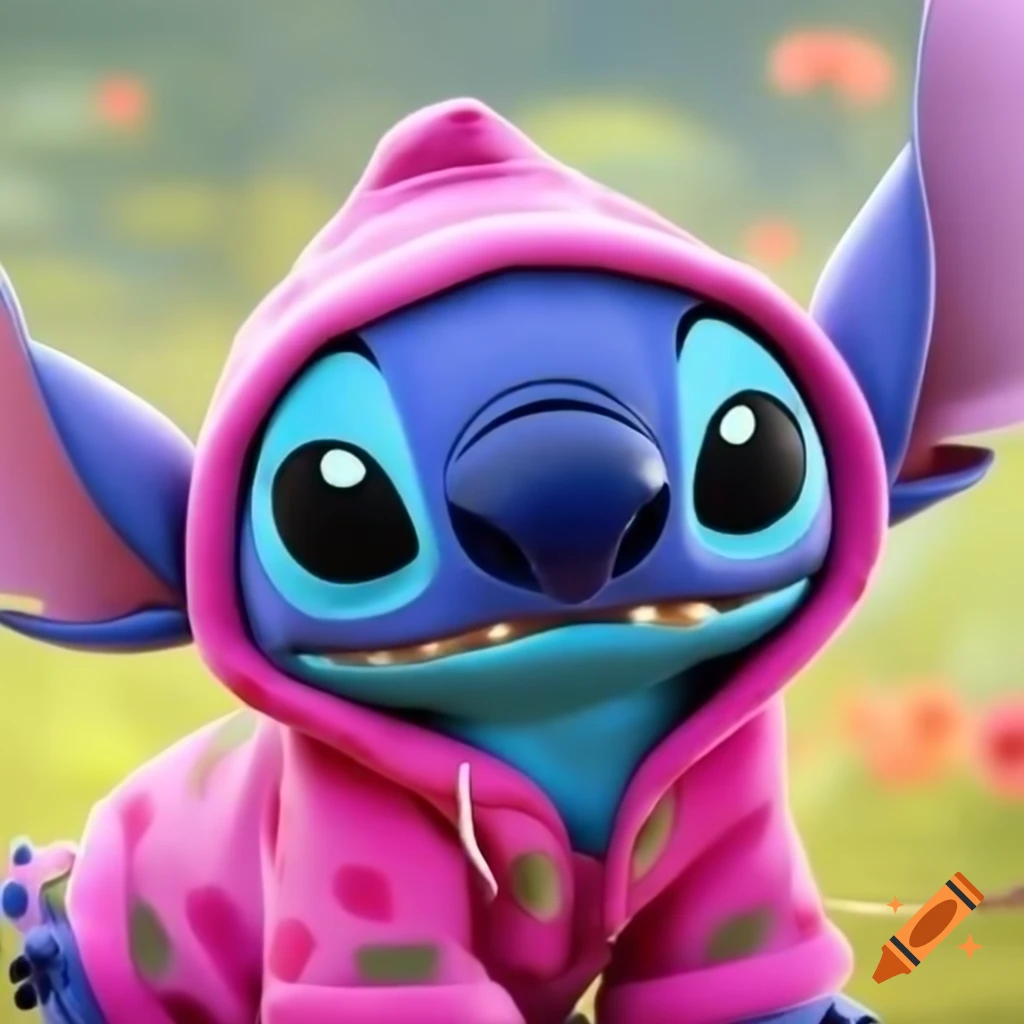 Stitch wearing pink axolotl hoodie with external gills, detailed high ...