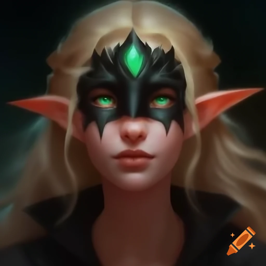 Elf maiden in black masquerade mask with emerald eyes and faint smile ...