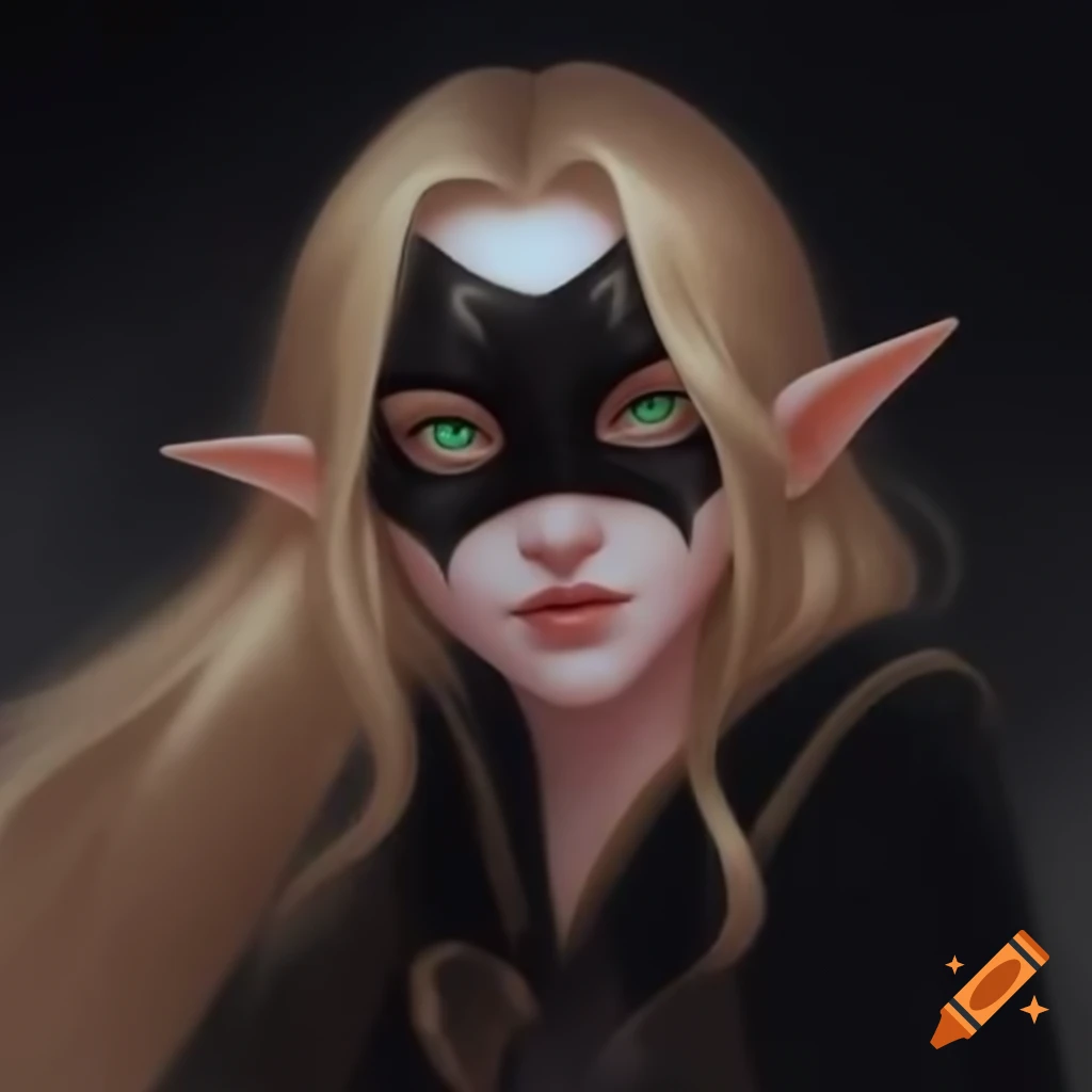 Gentle elf maiden with masquerade mask and emerald eyes on Craiyon