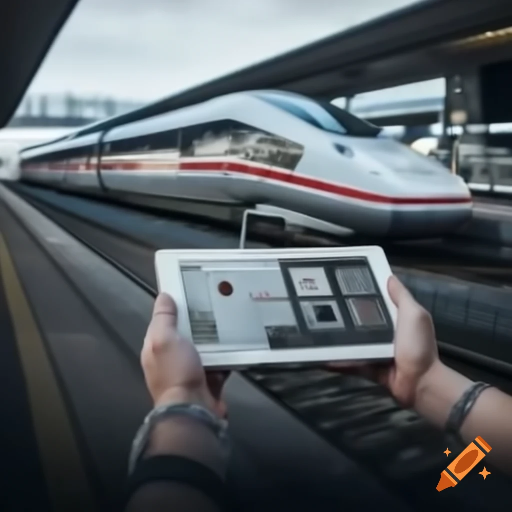 Engineer at train station in front of ICE train holding tablet with ...