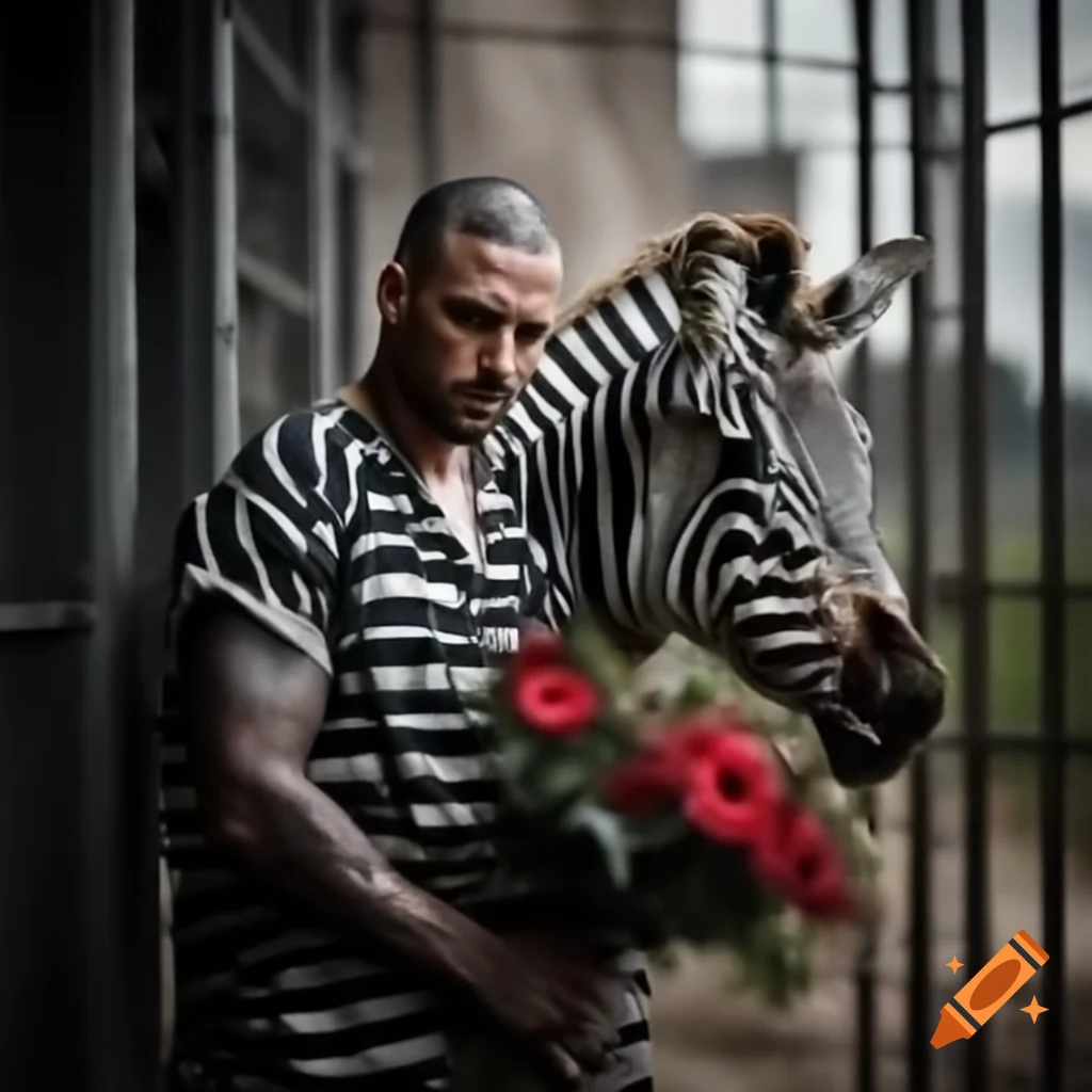 Tattooed prisoner in striped uniform offering flowers to zebra in jail ...
