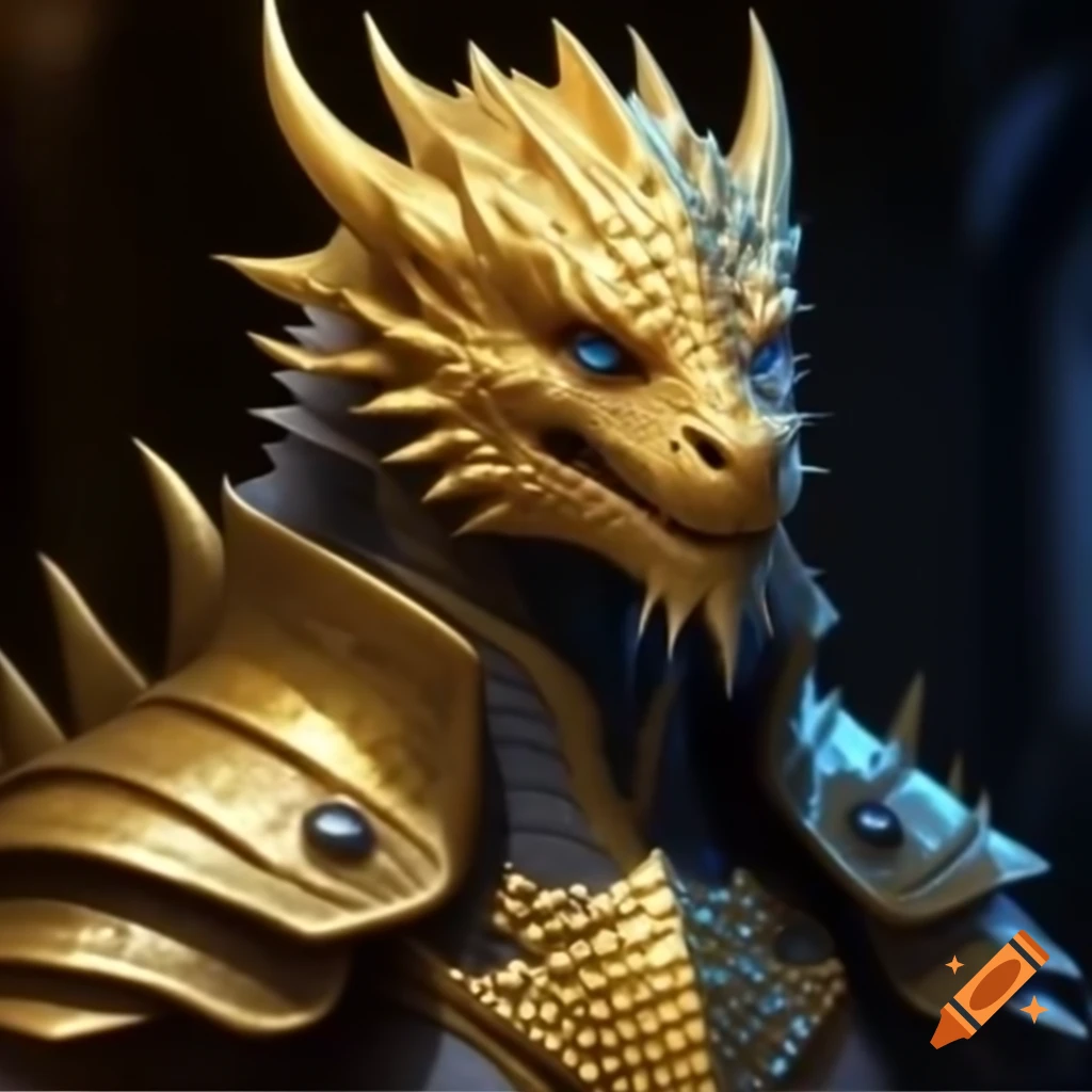 Gold dragonborn knight in white and gold robes with blue eyes on Craiyon